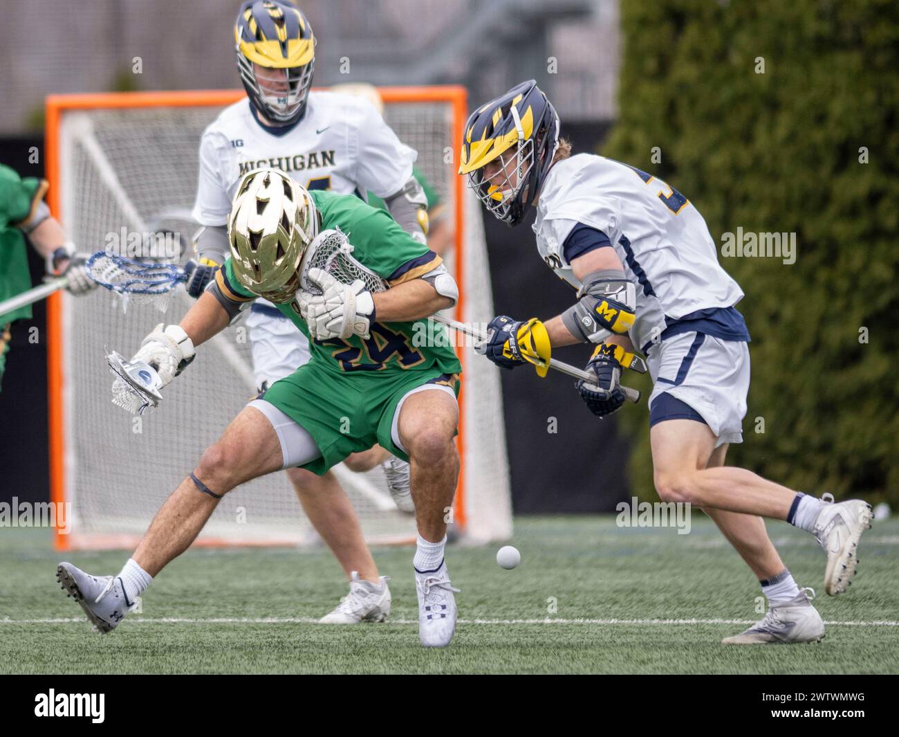 SOUTH BEND, IN - MARCH 16: Notre Dame midfield Ben Ramsey (24) gets hit ...