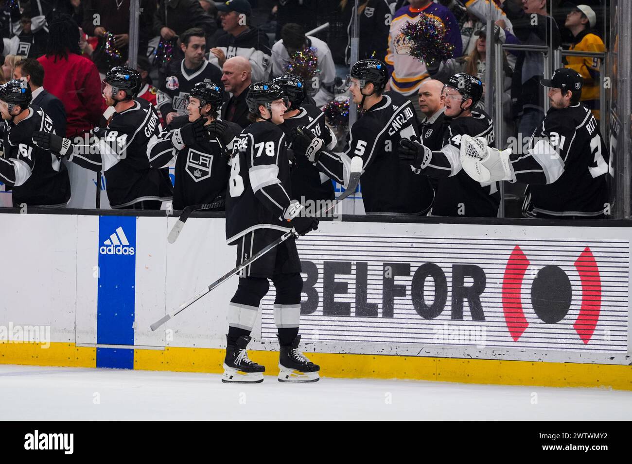 Los Angeles Kings right wing Alex Laferriere celebrates at the bench ...