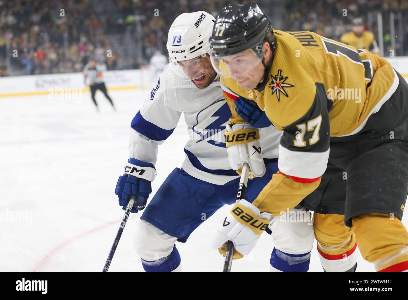 Tampa Bay Lightning left wing Conor Sheary (73) checks Vegas Golden ...