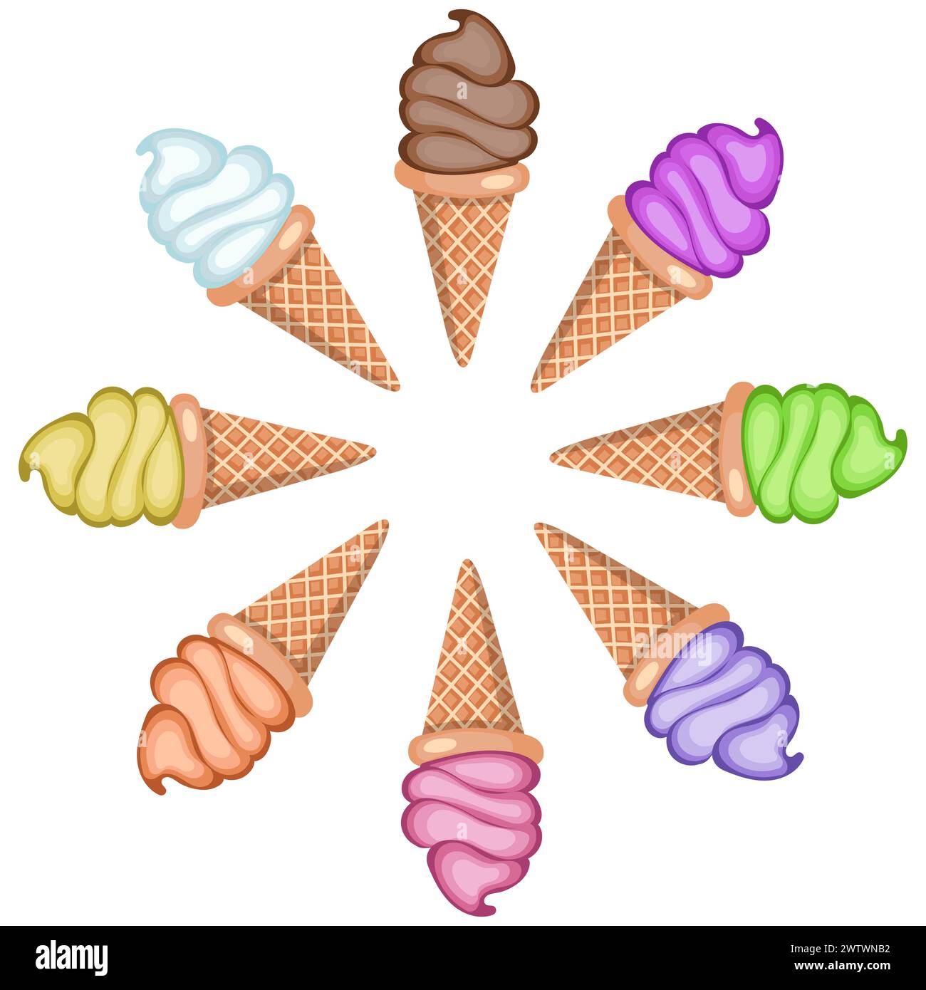 A set of ice cream with different flavors in waffle cones. Vector ...