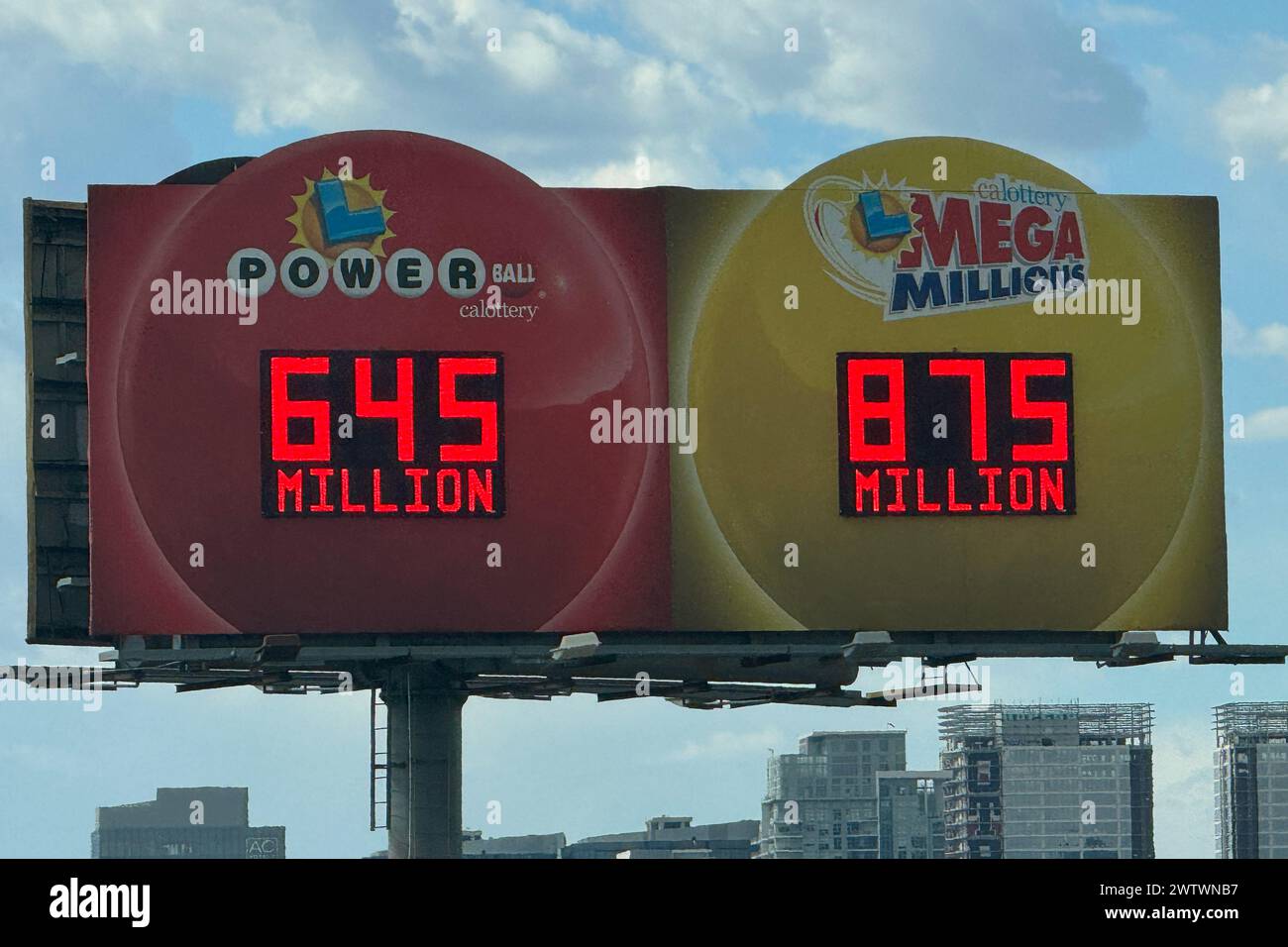 A billboard with the lottery jackpots of Power Ball (645 million) and ...