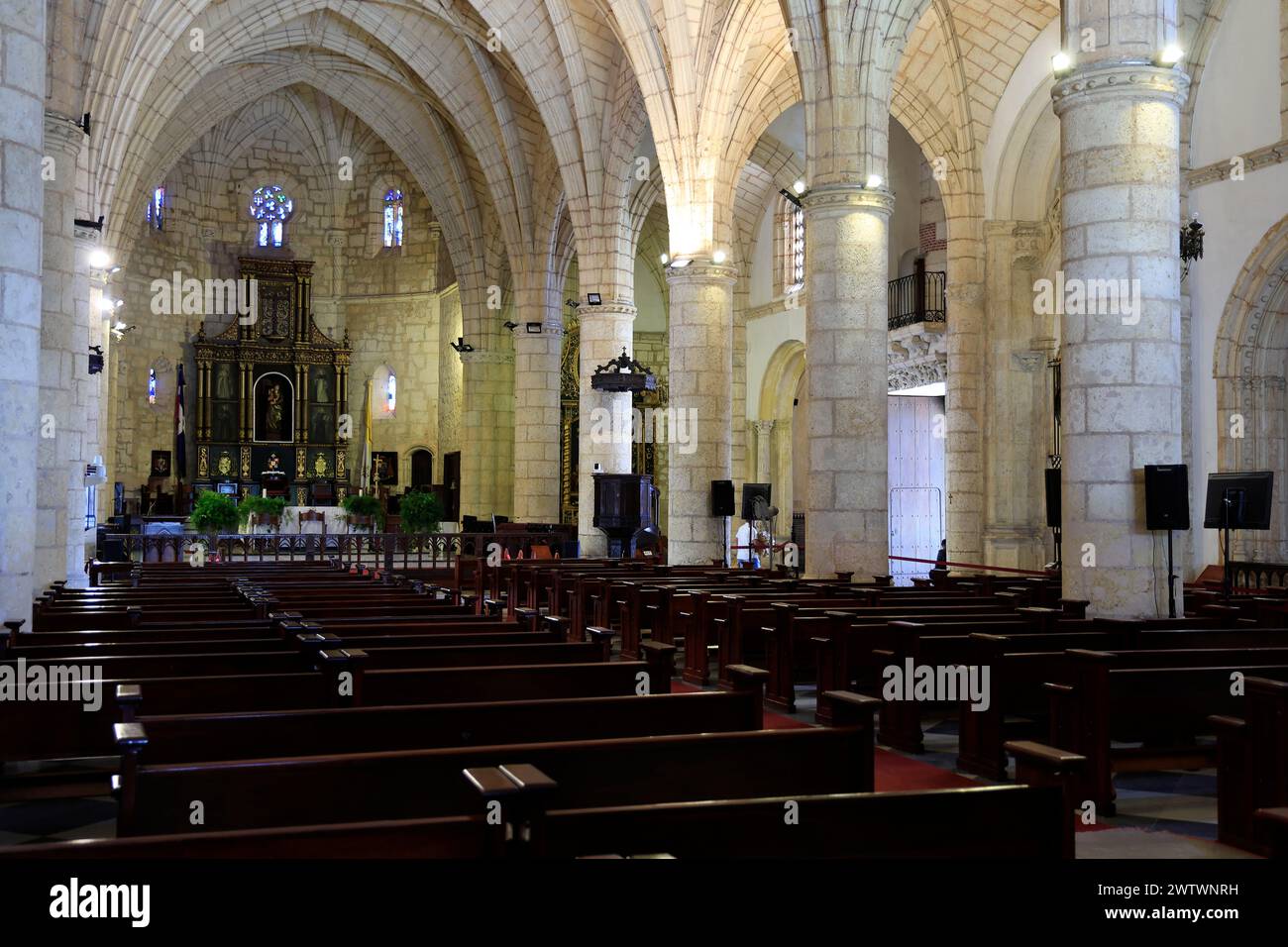 The interior view of Cathedral of Santa Maria la Menor with the main ...