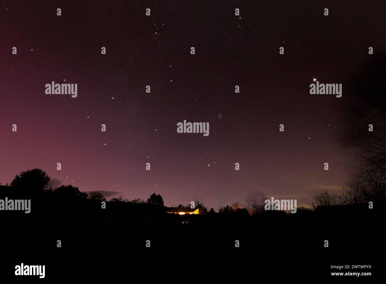 December night sky with winter constellations, Jupiter (right) with ...