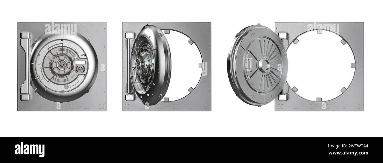 3d rendering group of metallic bank vault doors isolated on white Stock Photo - Alamy