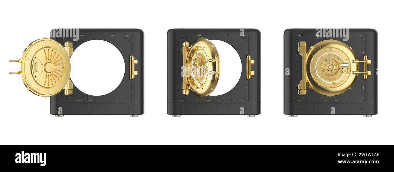 3d rendering set of golden bank vaults opened and closed door isolated on white Stock Photo - Alamy