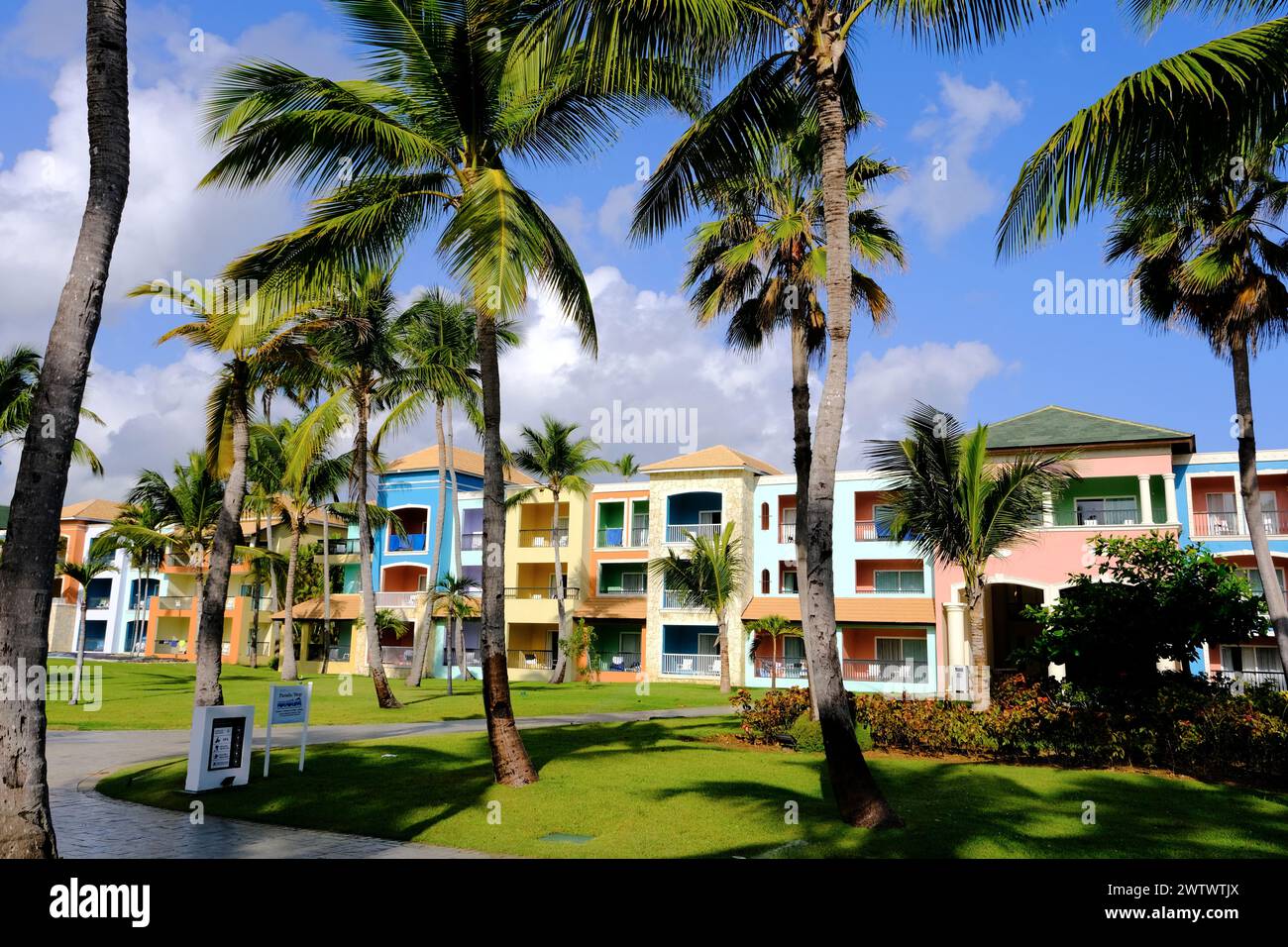 Colorful buildings of Ocean Blue & Sand Resort. Punta Cana. Dominican ...