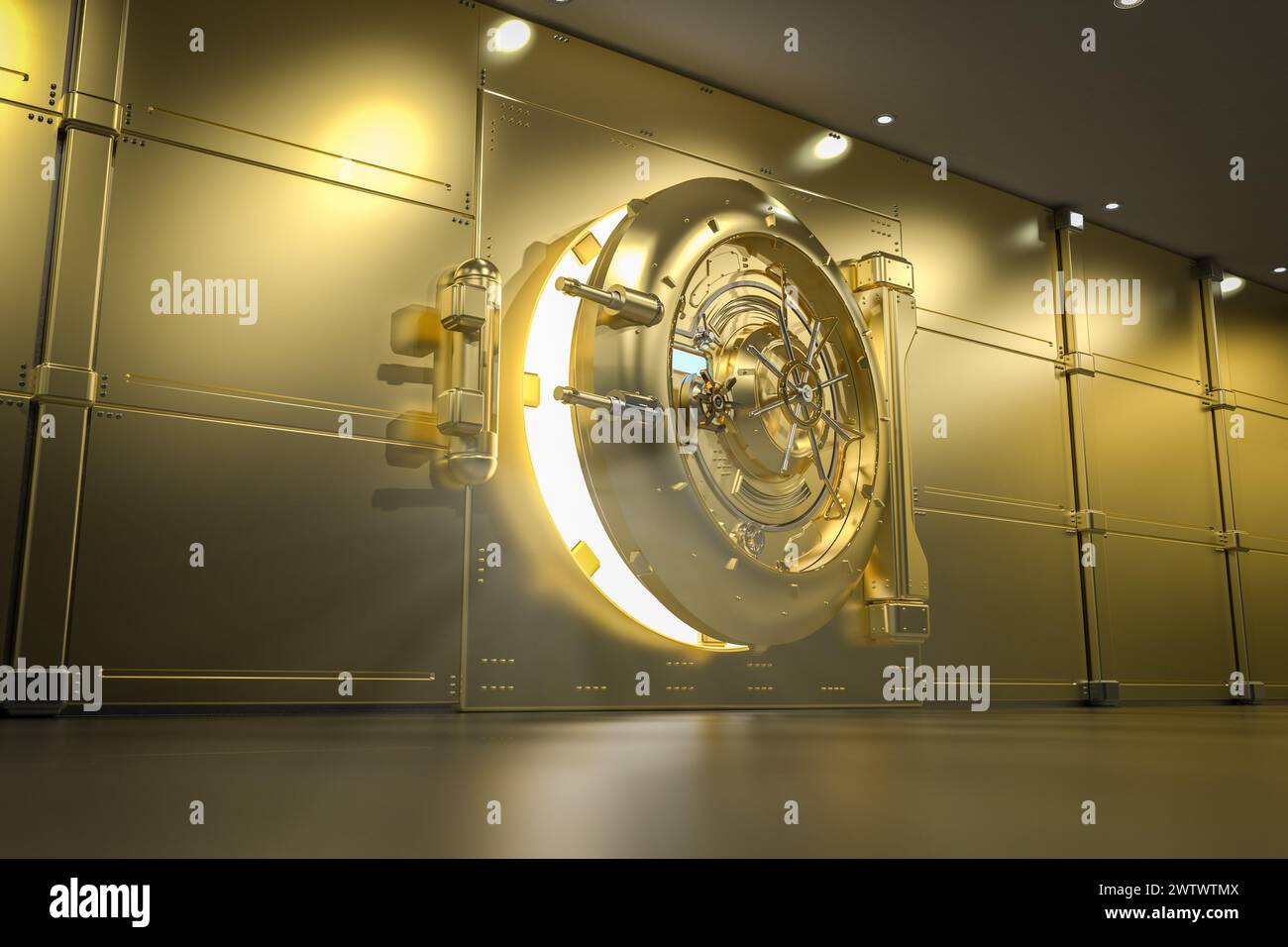 3d rendering golden bank vault door open with shining light Stock Photo - Alamy