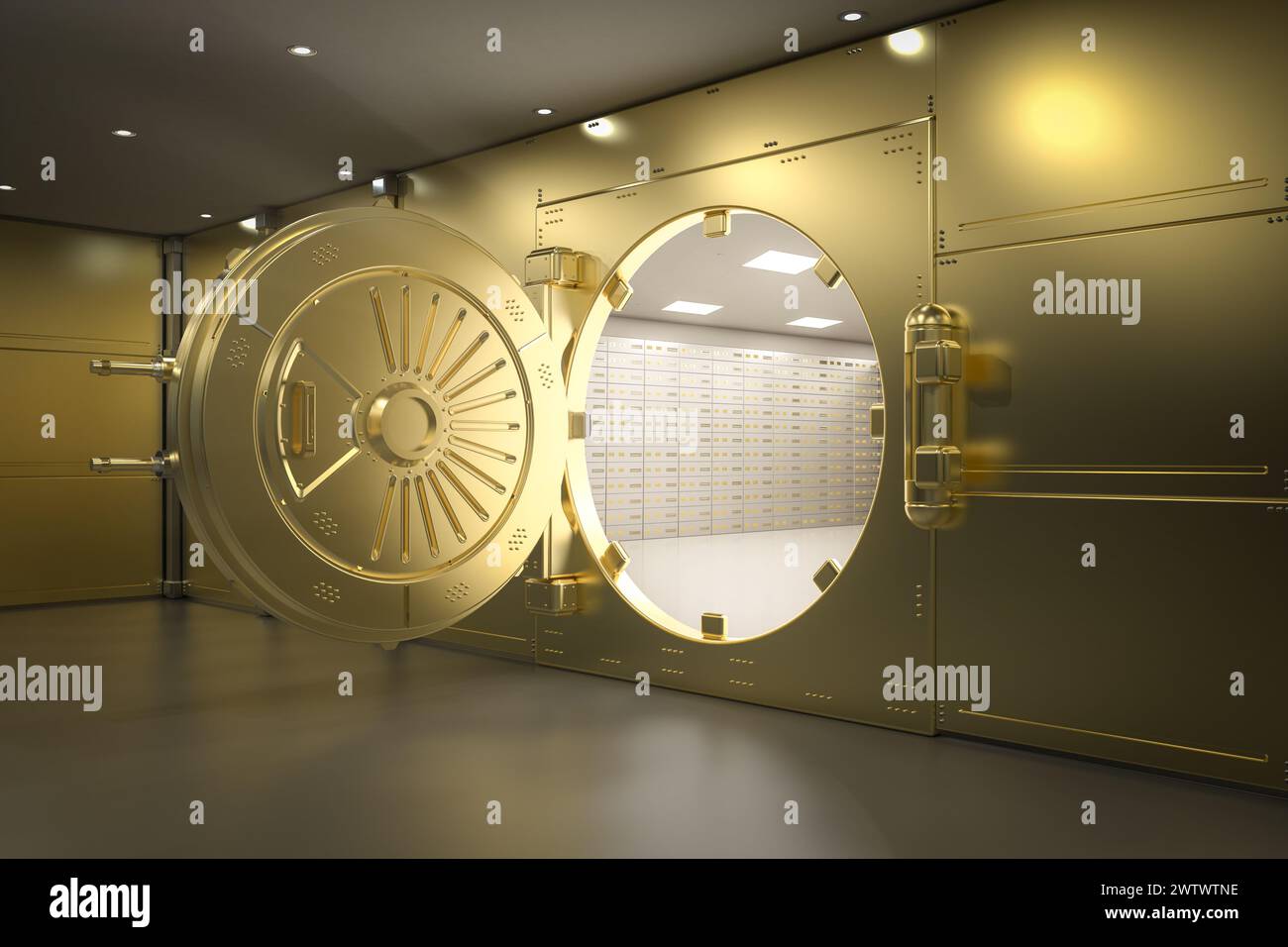 3d rendering golden bank vault door open with shining light Stock Photo - Alamy