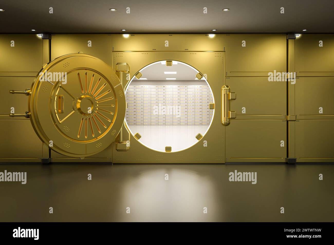 3d rendering golden bank vault door open with shining light Stock Photo - Alamy
