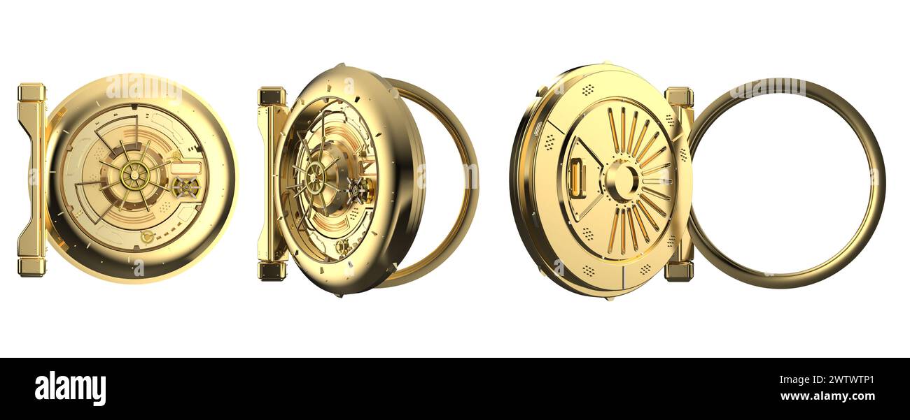 3d rendering set of golden bank vault doors close and open isolated on white Stock Photo - Alamy