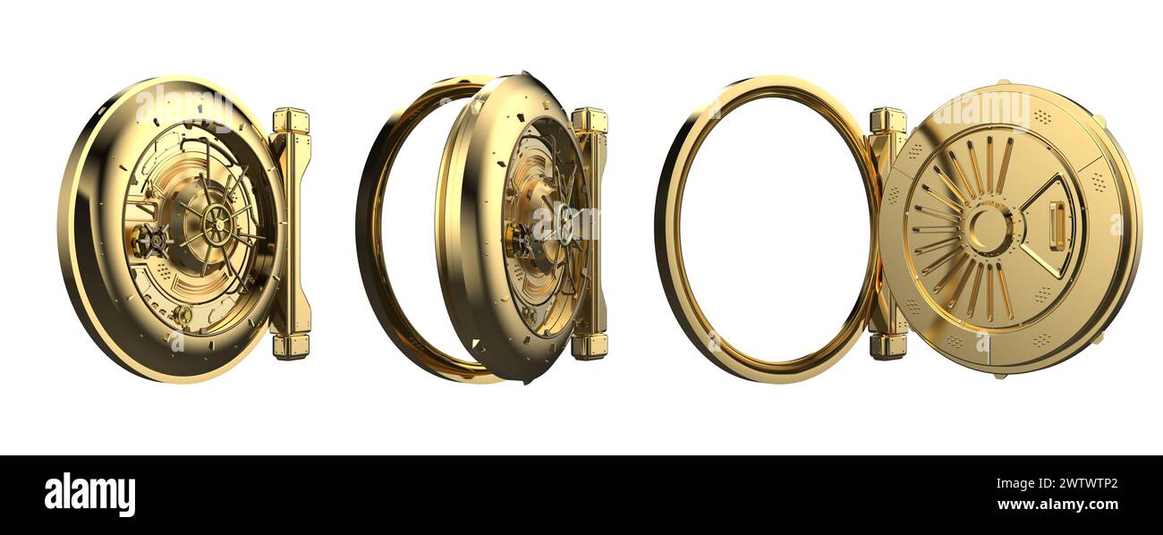 3d rendering set of golden bank vault doors close and open isolated on white Stock Photo - Alamy