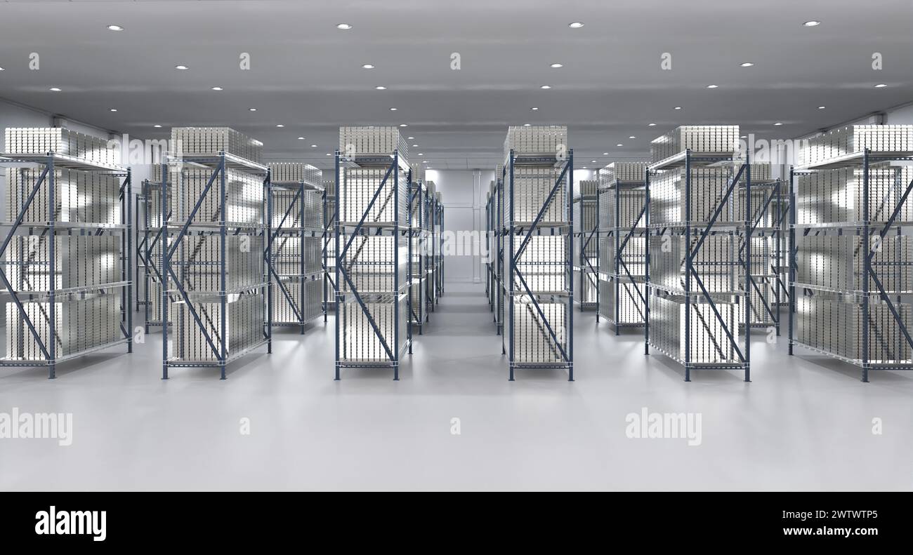 3d rendering heap of silver ingots in bank vault safe Stock Photo - Alamy