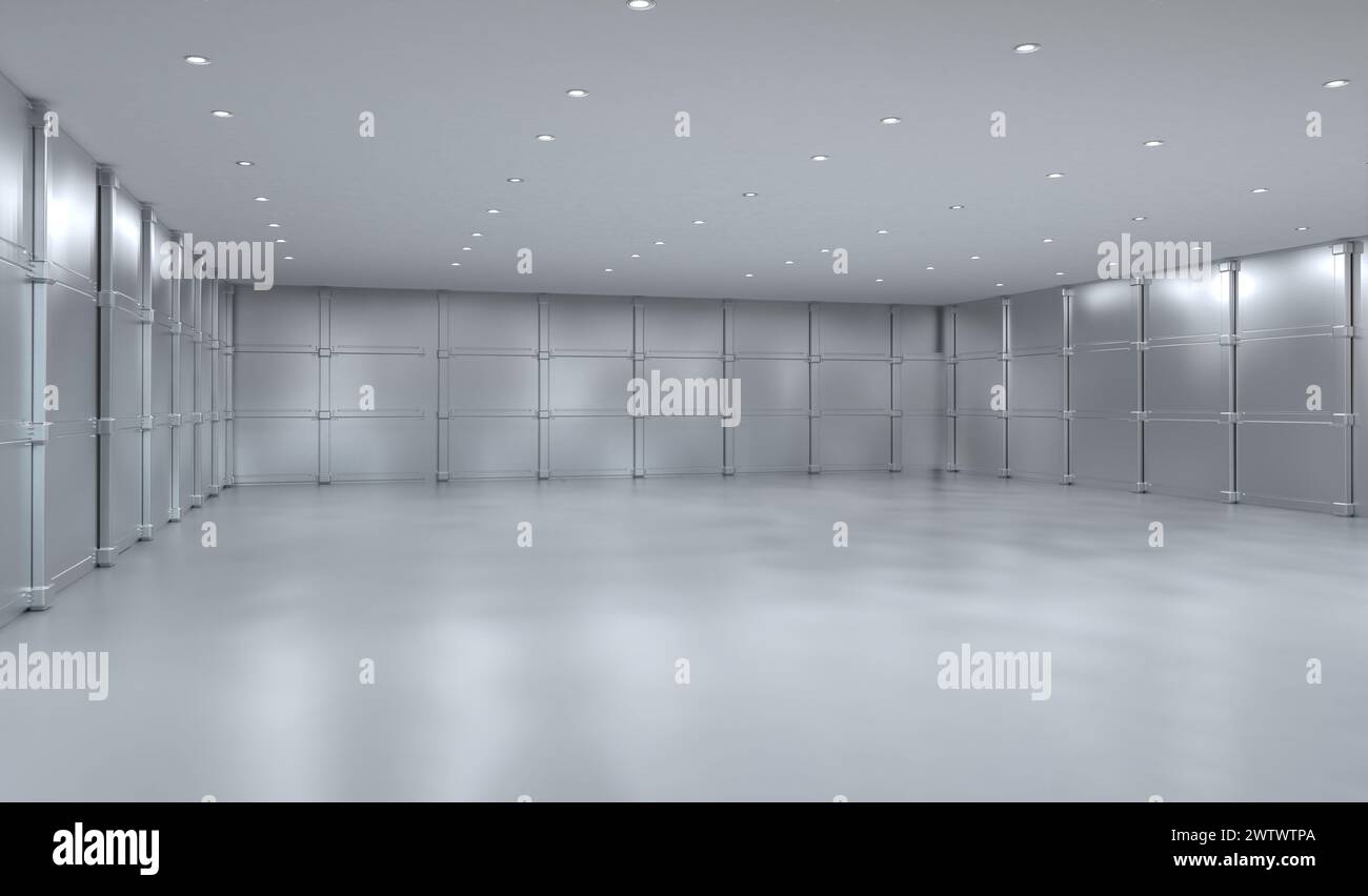 3d rendering empty hall interior with clean and shiny metallic wall ...