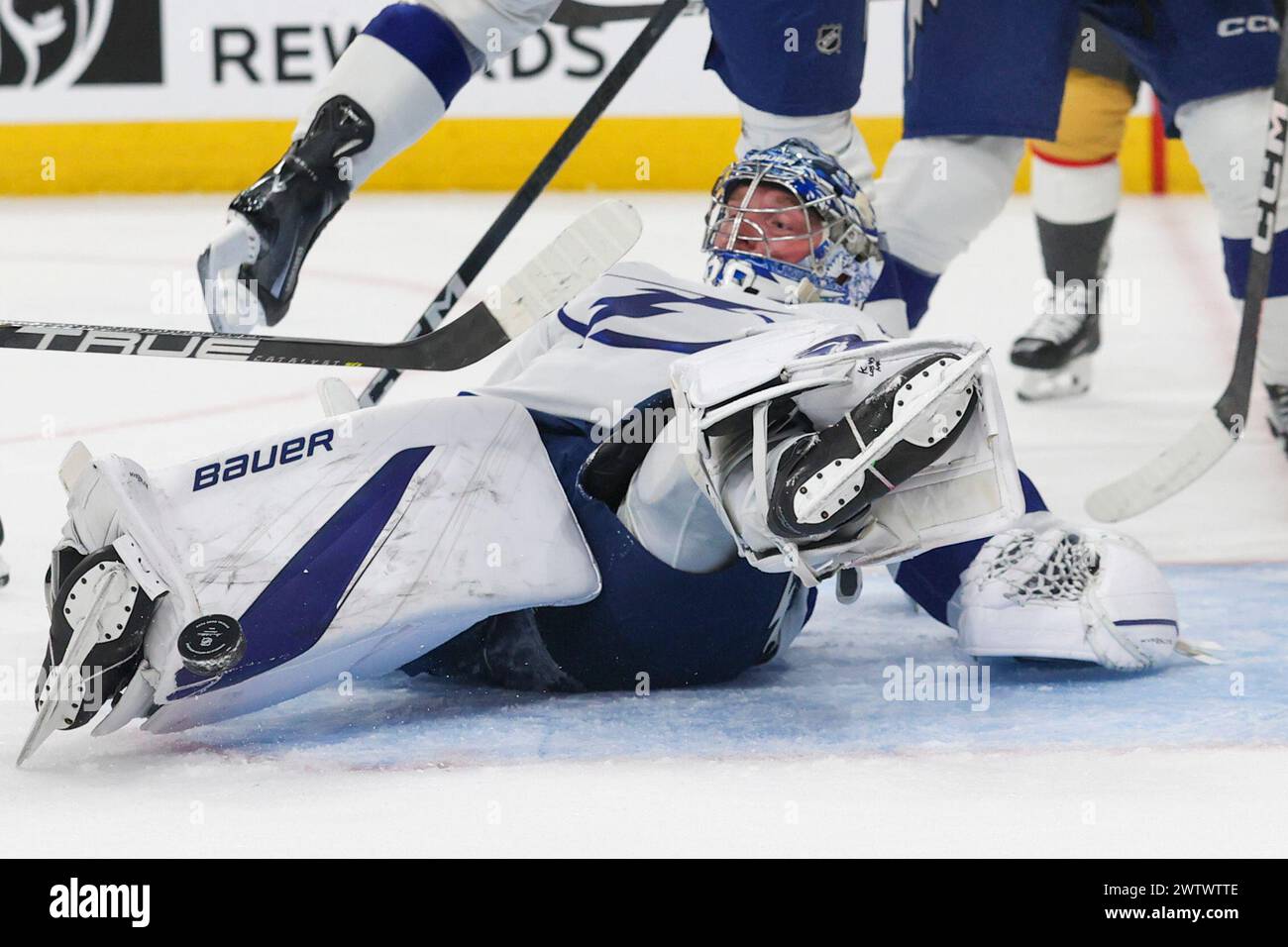 Tampa Bay Lightning goaltender Andrei Vasilevskiy (88) falls while ...