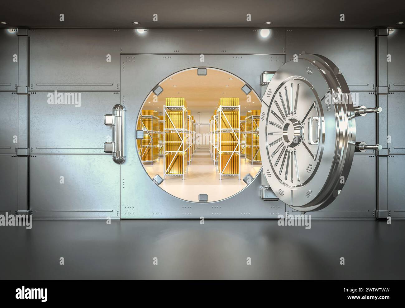 3d rendering bank vault door opened with bullion inside Stock Photo - Alamy