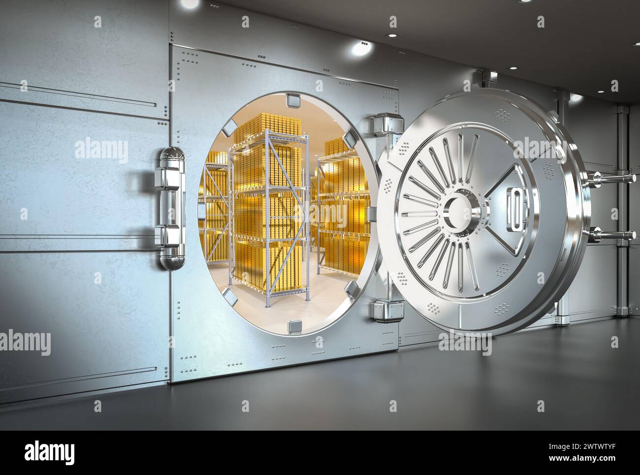 3d rendering bank vault door opened with bullion inside Stock Photo - Alamy
