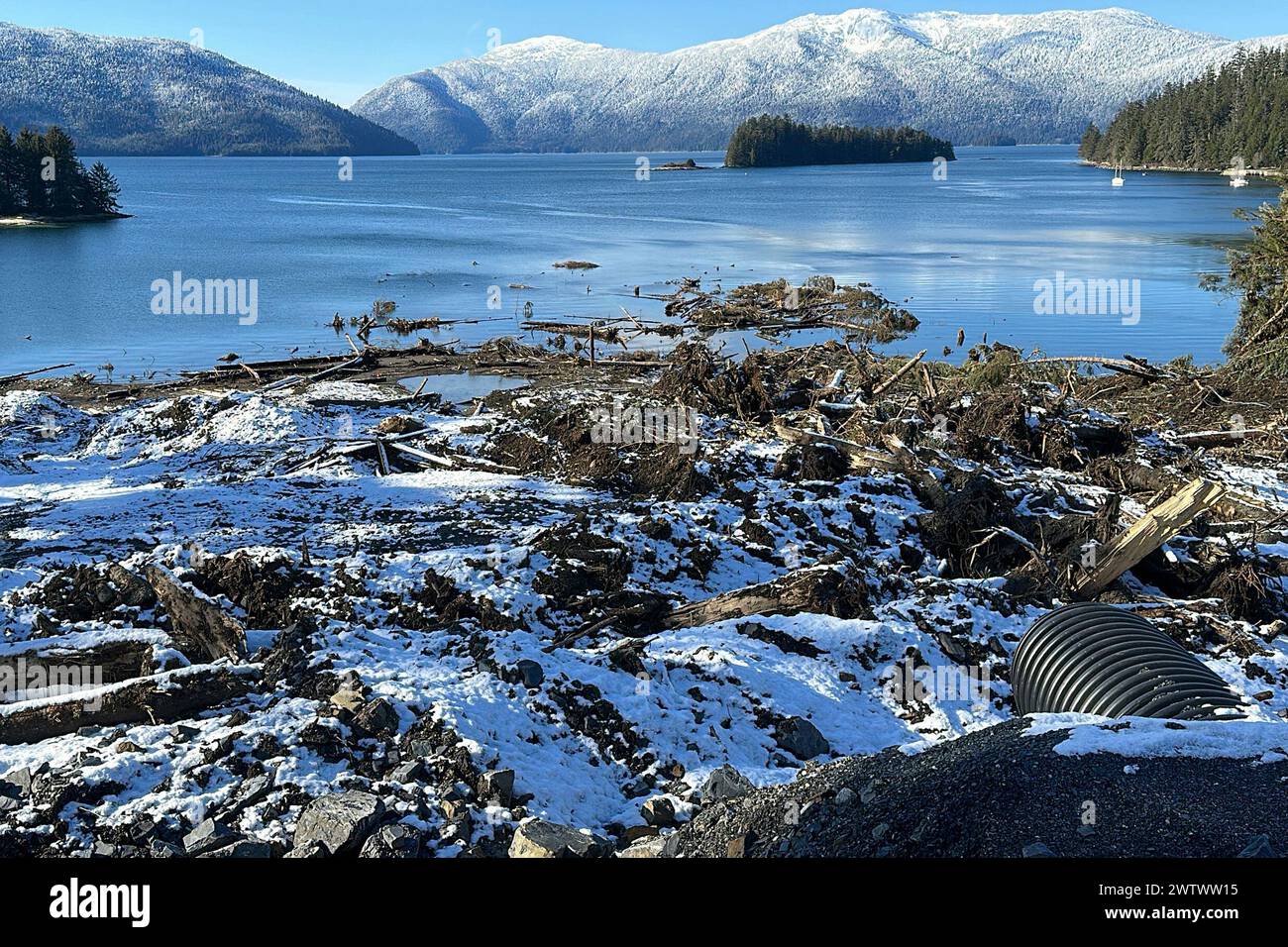 Debris is shown in the tidelands at the site of last fall's landslide ...
