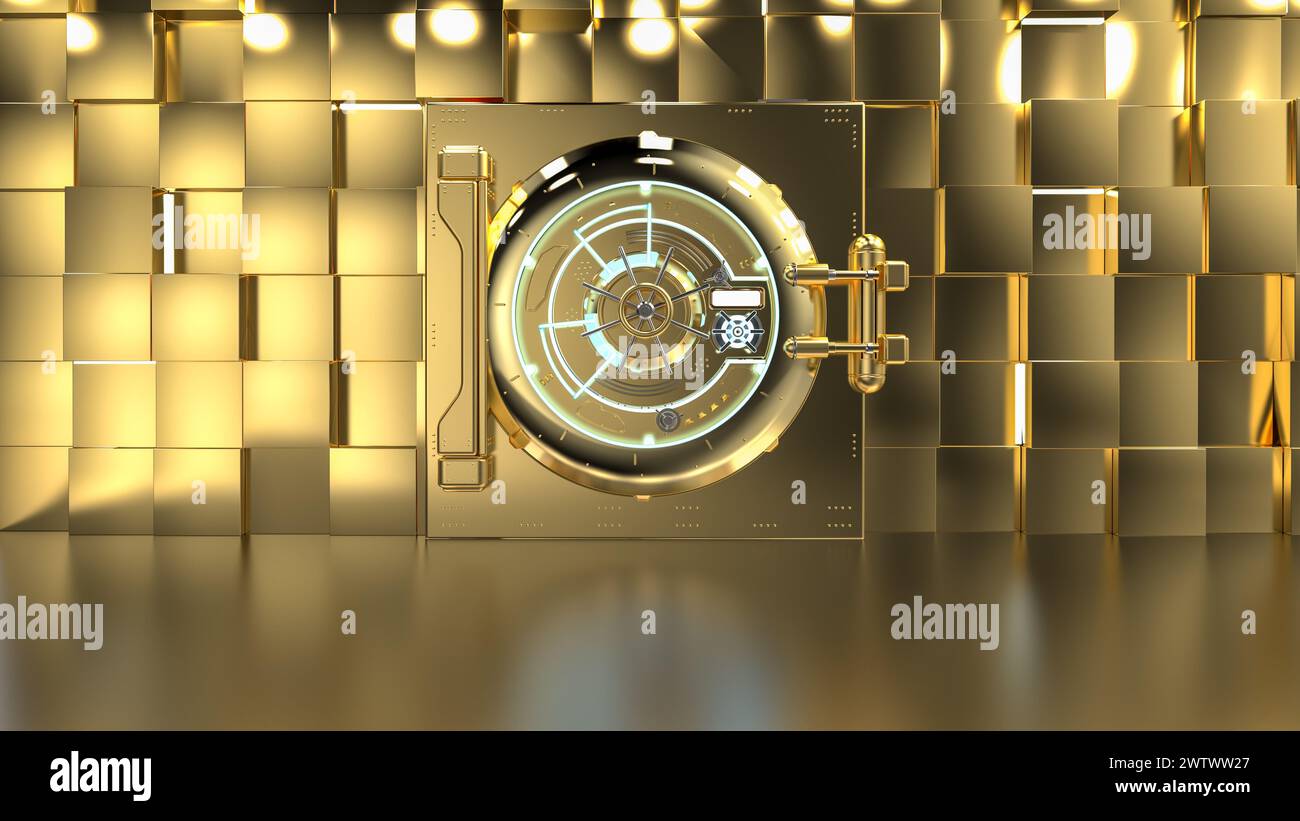 3d rendering golden bank vault door with golden wall interior Stock Photo - Alamy