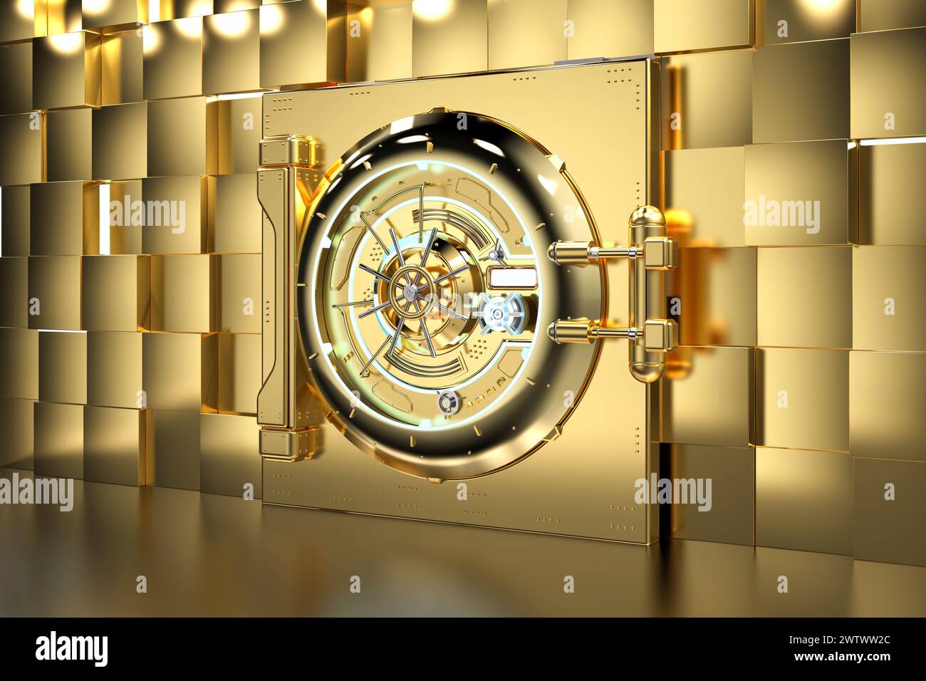 3d rendering golden bank vault door with golden wall interior Stock Photo - Alamy