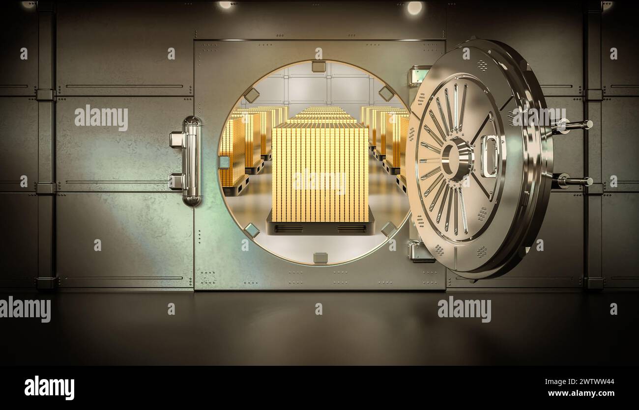 3d rendering bank vault door opened with bullion inside Stock Photo - Alamy