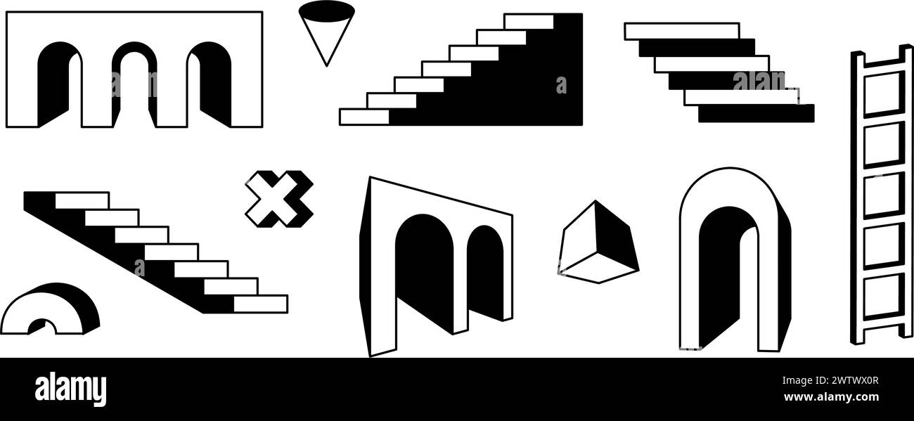 Linear stairs and arcs set. Black and white surreal geometric element ...