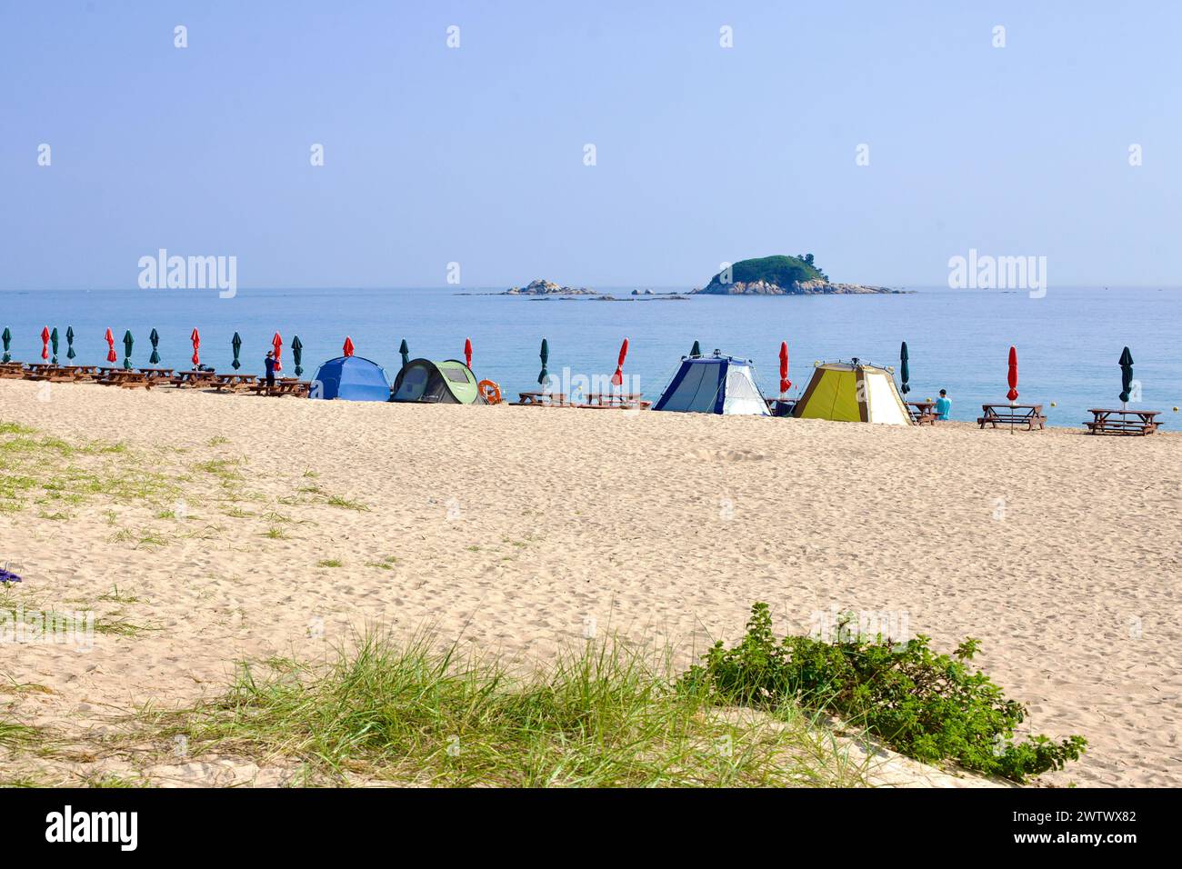 Goseong County, South Korea - July 30, 2019: Picnic tables and closed ...