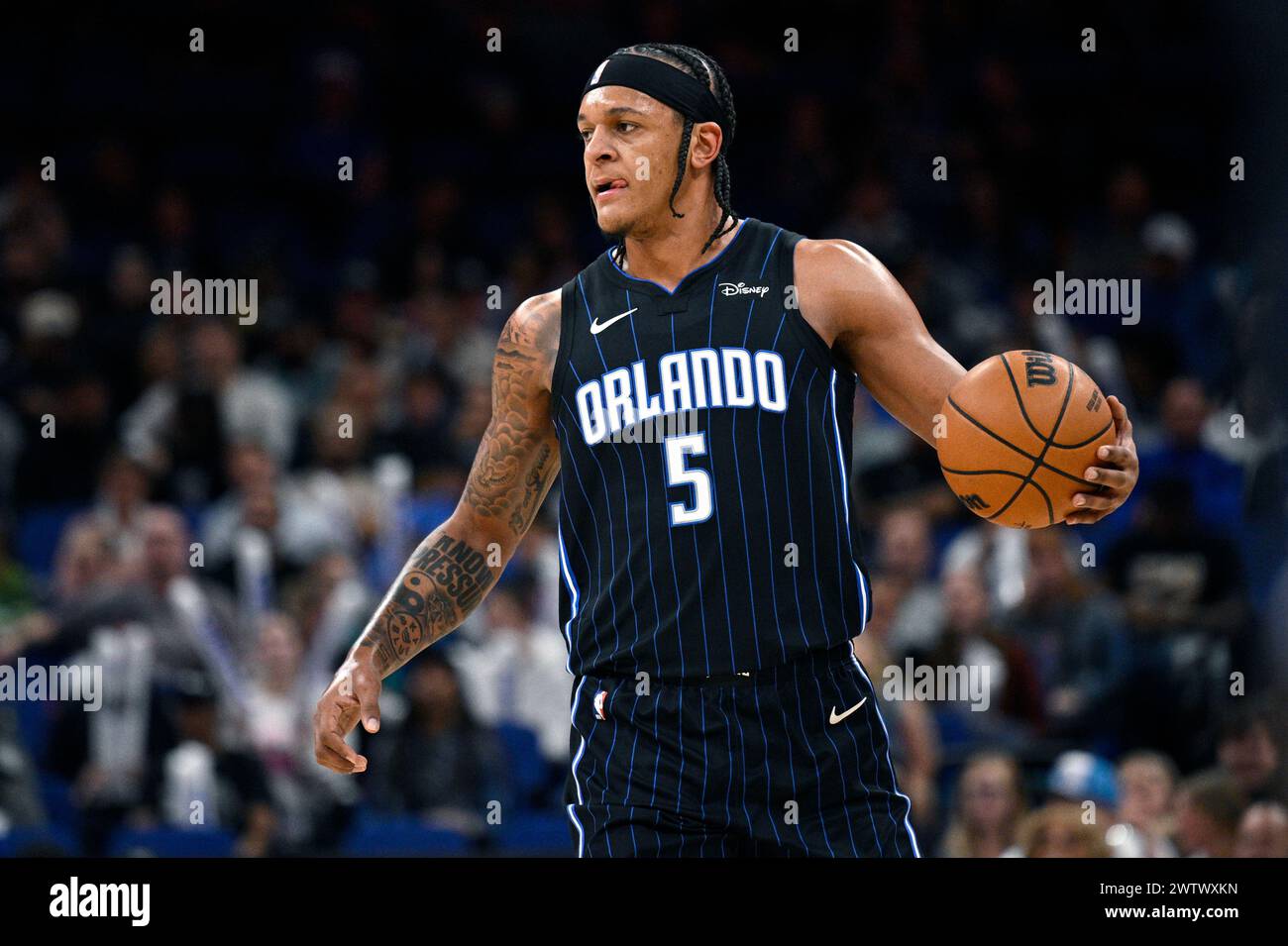 Orlando Magic forward Paolo Banchero (5) brings the ball up the court during the second half of ...