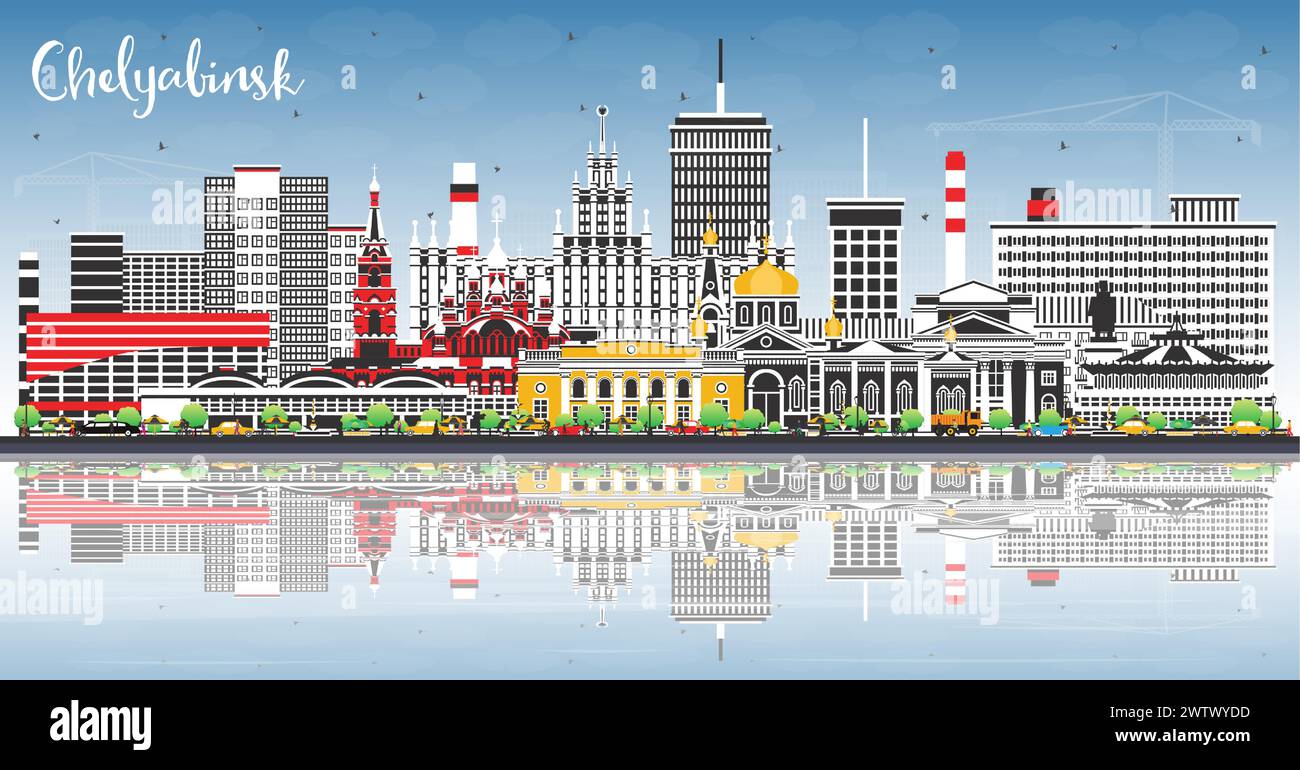 Chelyabinsk Russia city skyline with color buildings, blue sky and ...