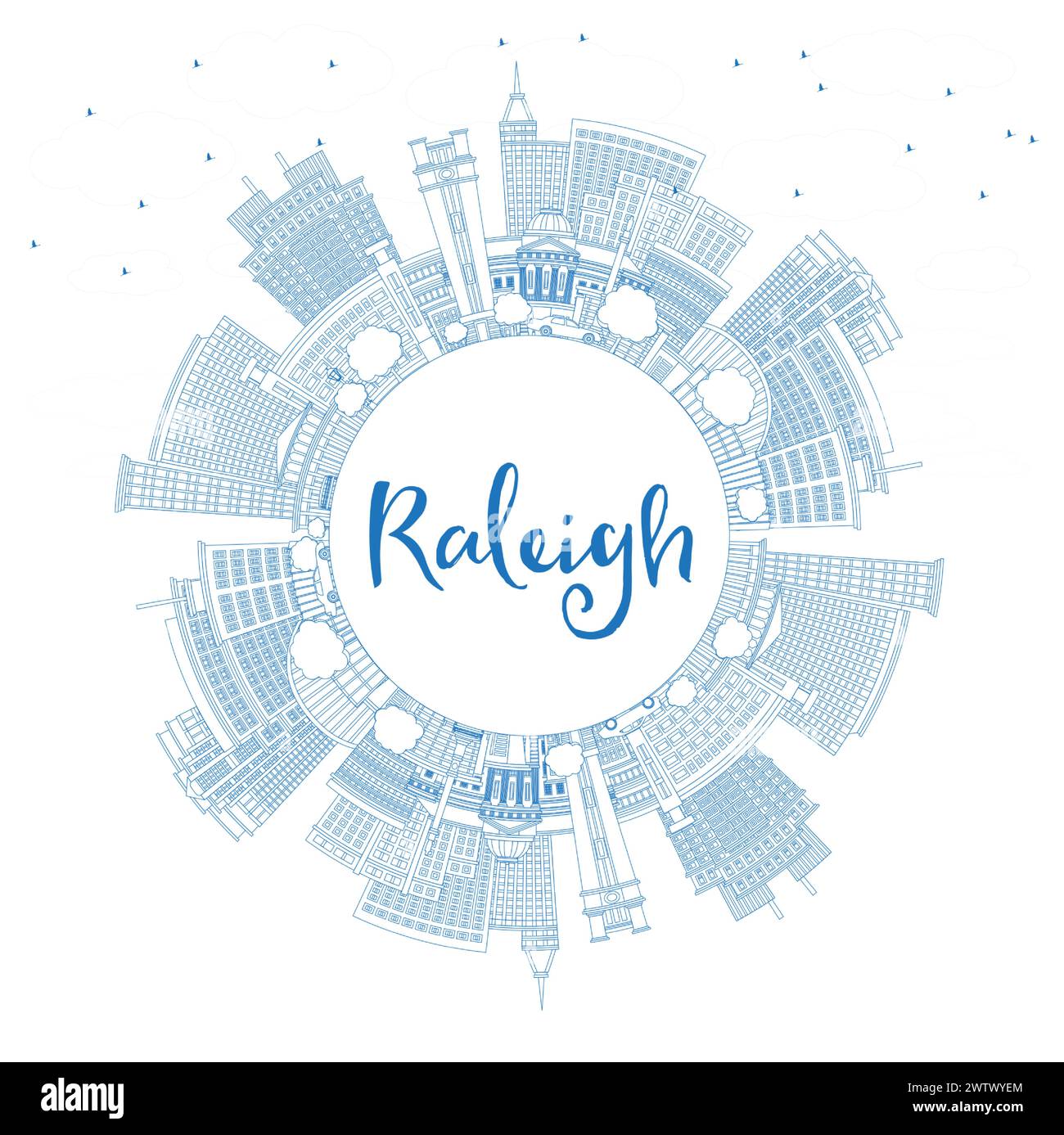 Outline Raleigh North Carolina City Skyline with Blue Buildings and ...