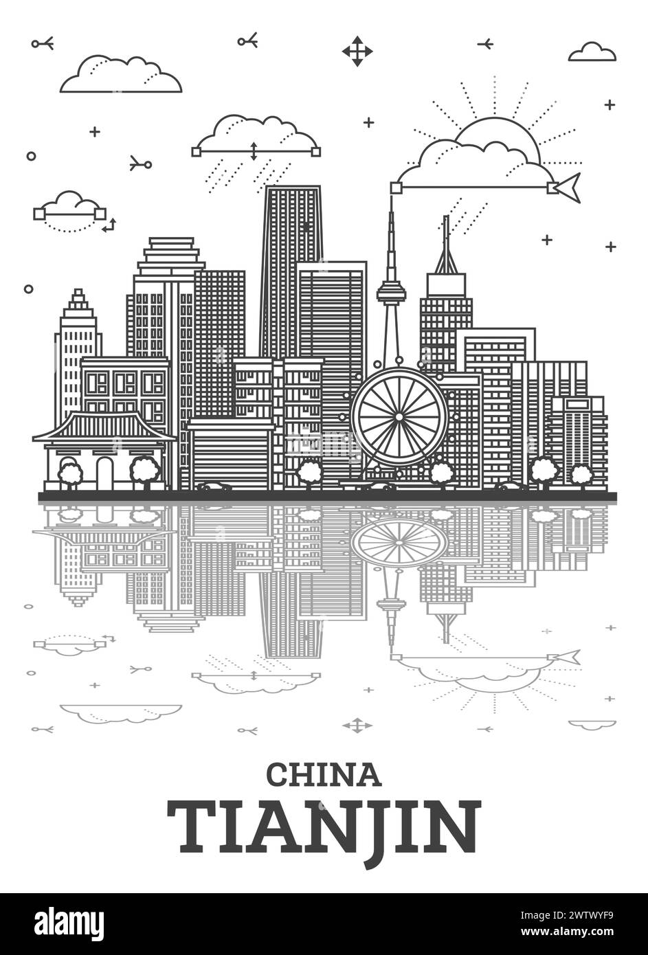 Outline Tianjin China City Skyline with Modern Buildings and ...