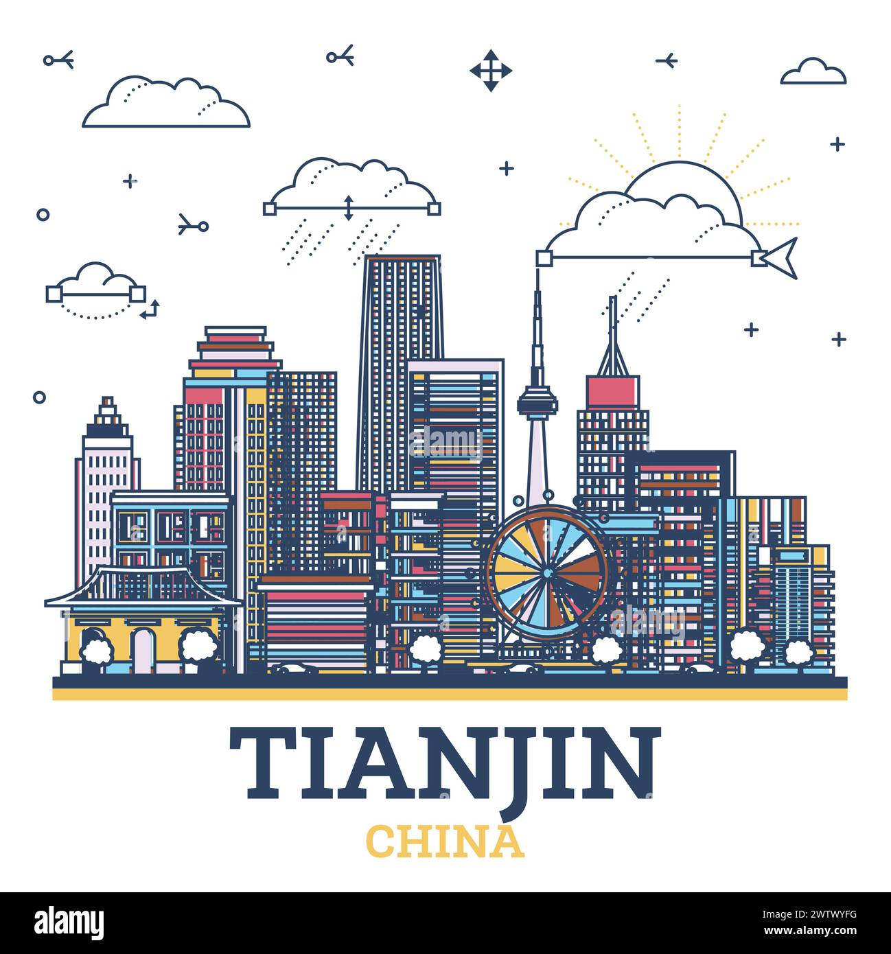 Outline Tianjin China City Skyline with colored Modern Buildings ...