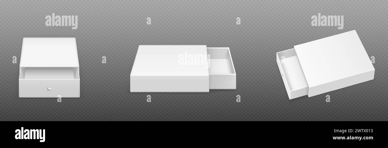 White empty open slide box with ribbon puller. Realistic vector ...