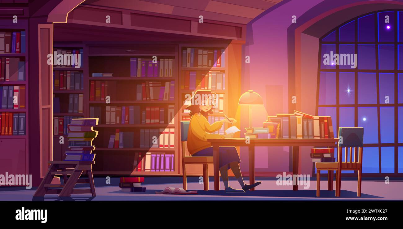 Young woman reading book and making research in public library at night ...