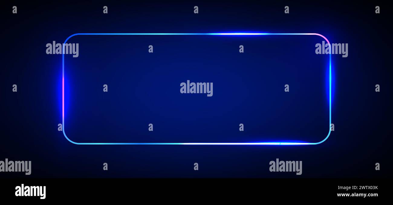 Blue neon light rectangle frame glow background. Led border line with ...