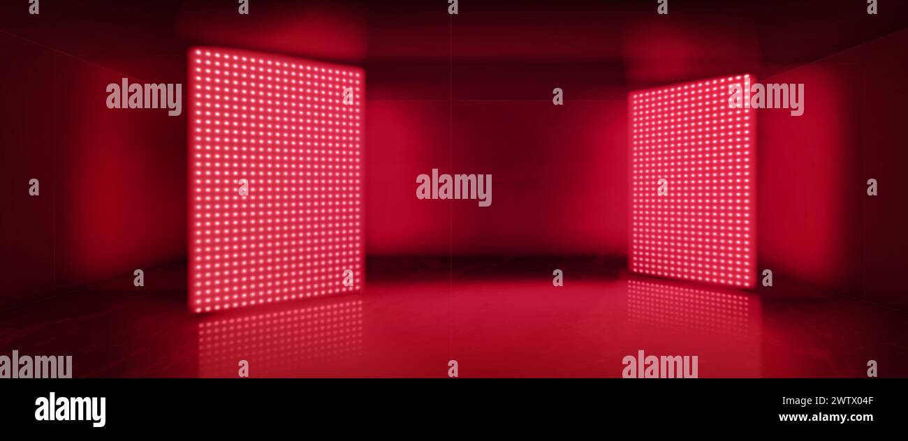 3d red led light panel in studio room background. Empty hall stage for ...