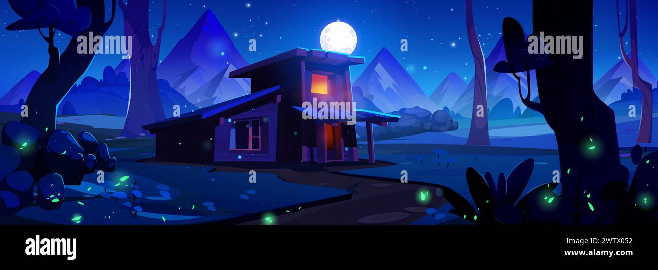 House in night forest with mountain and firefly game background. Dark ...
