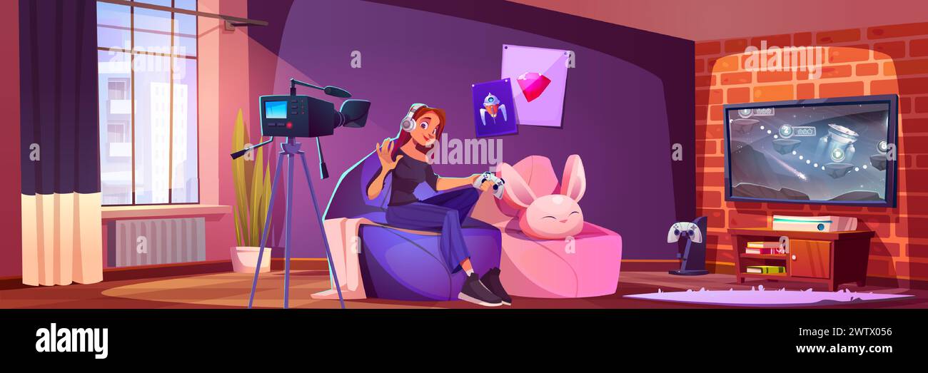 Woman streamer with gamer console setup in room. Professional player ...