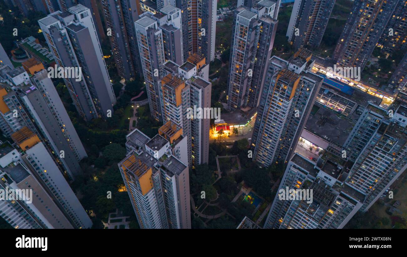 An aerial view of high-rise condo buildings in a residential project in ...