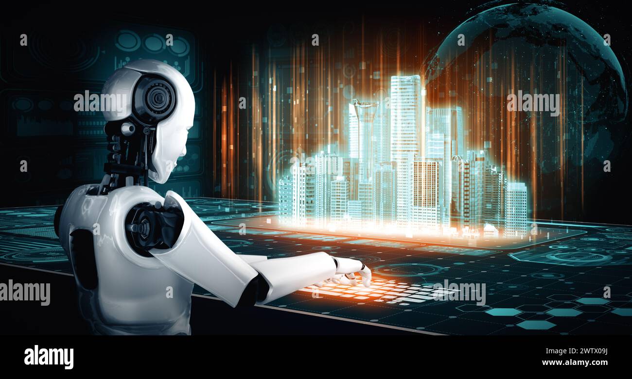 XAI 3d illustration Robot humanoid use laptop and sit at table for ...