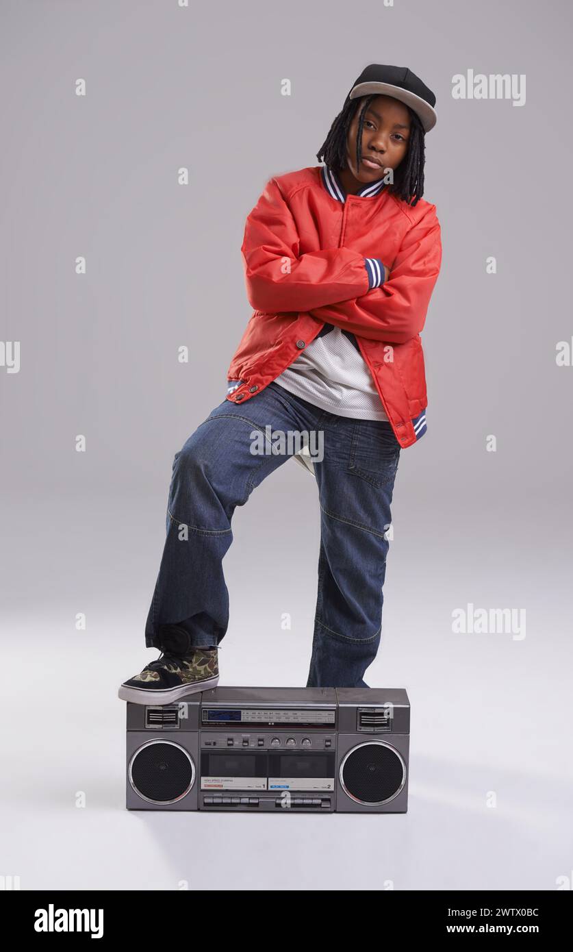 Child, hip hop and cool portrait with radio for music and rap in a ...
