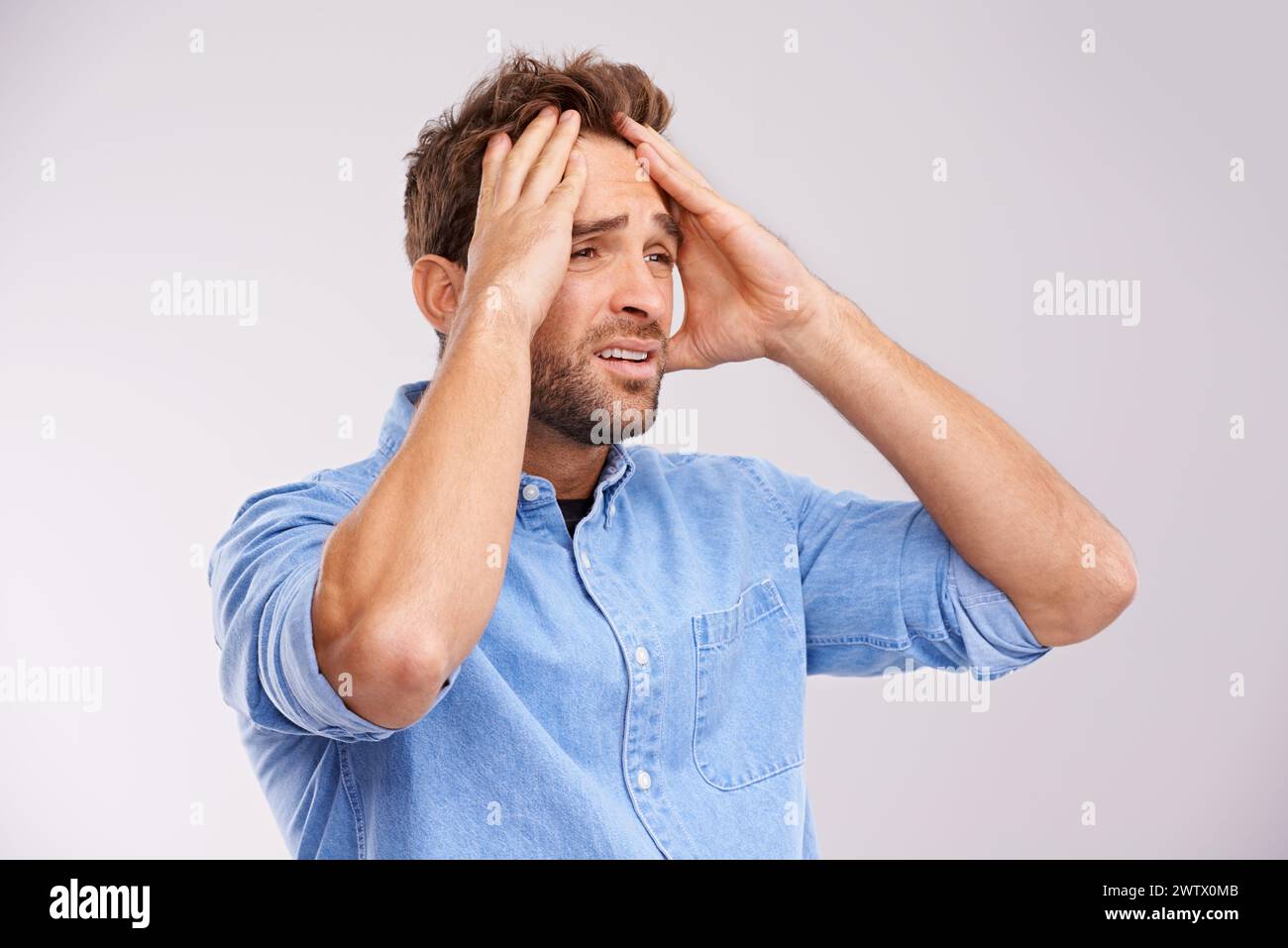 Stress, panic or sad man with hands on face in studio frustrated by ...