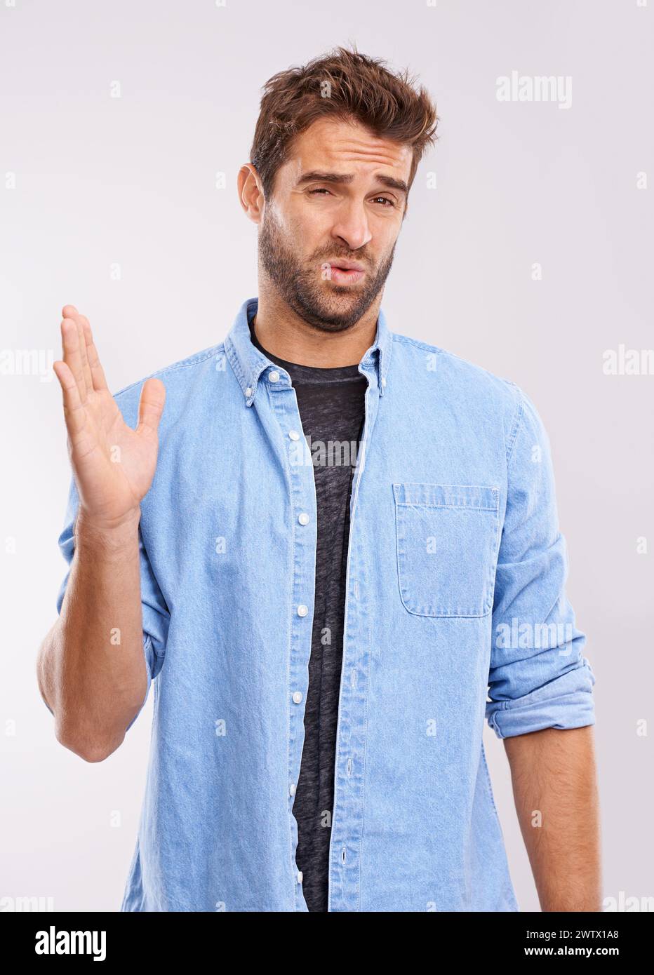 Disgust, man and waving his hands for smell, unpleasant and bad stink ...