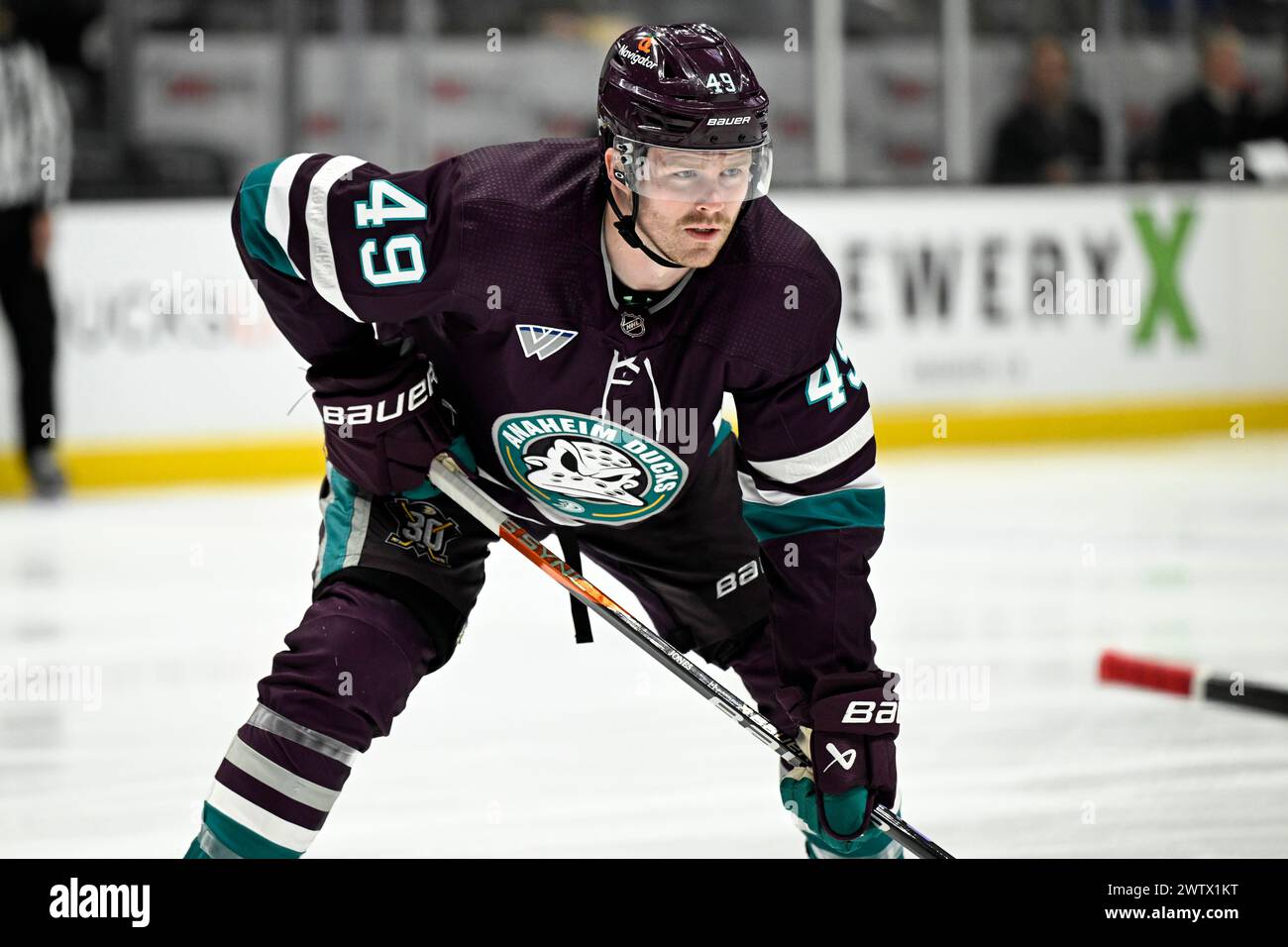 Anaheim Ducks left wing Max Jones (49) gets ready for a face off ...