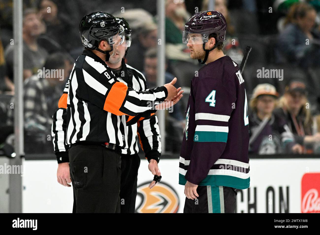 Anaheim Ducks defenseman Cam Fowler (4) talks with referee Francois St ...