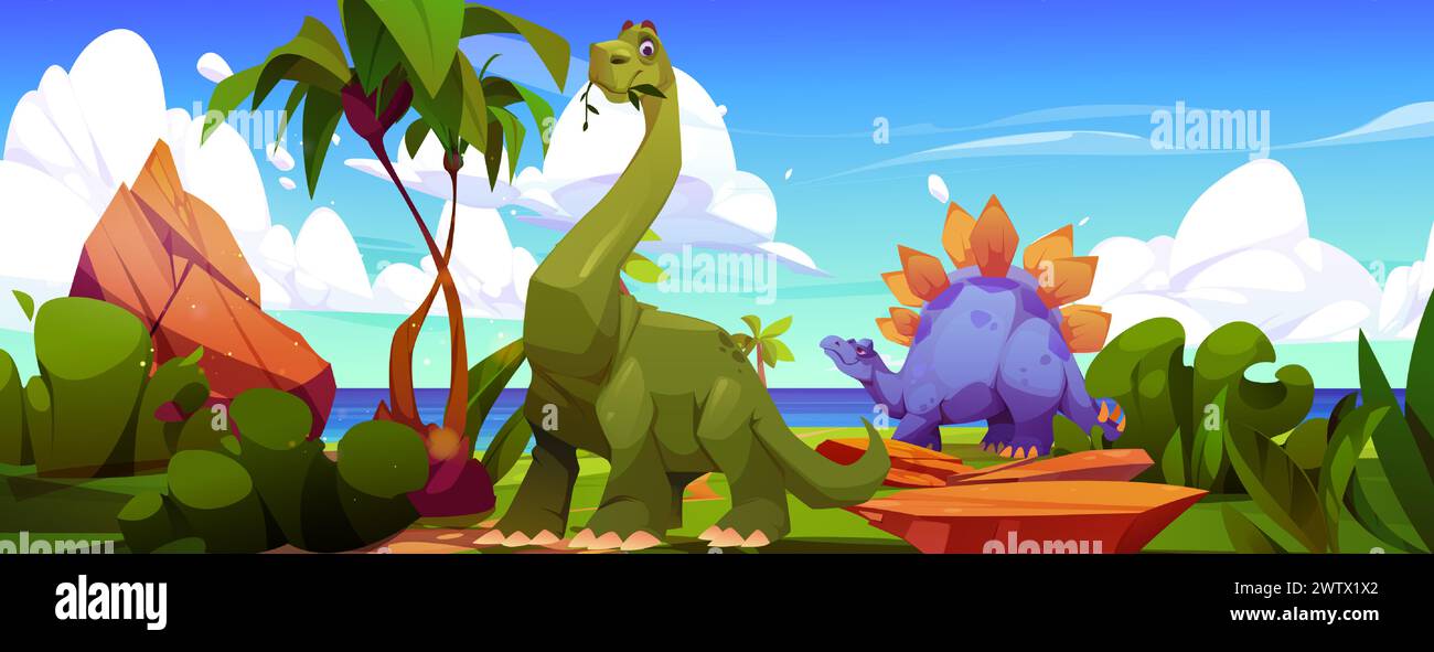 Summer island with dinosaur near sea landscape. Tropical ocean ...