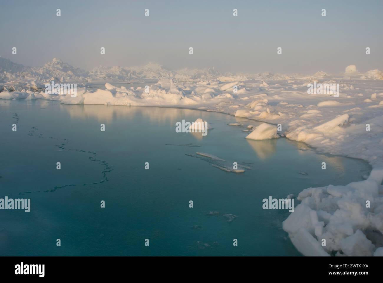 Seascape open lead rough pack ice over the Chukchi sea in springtime ...
