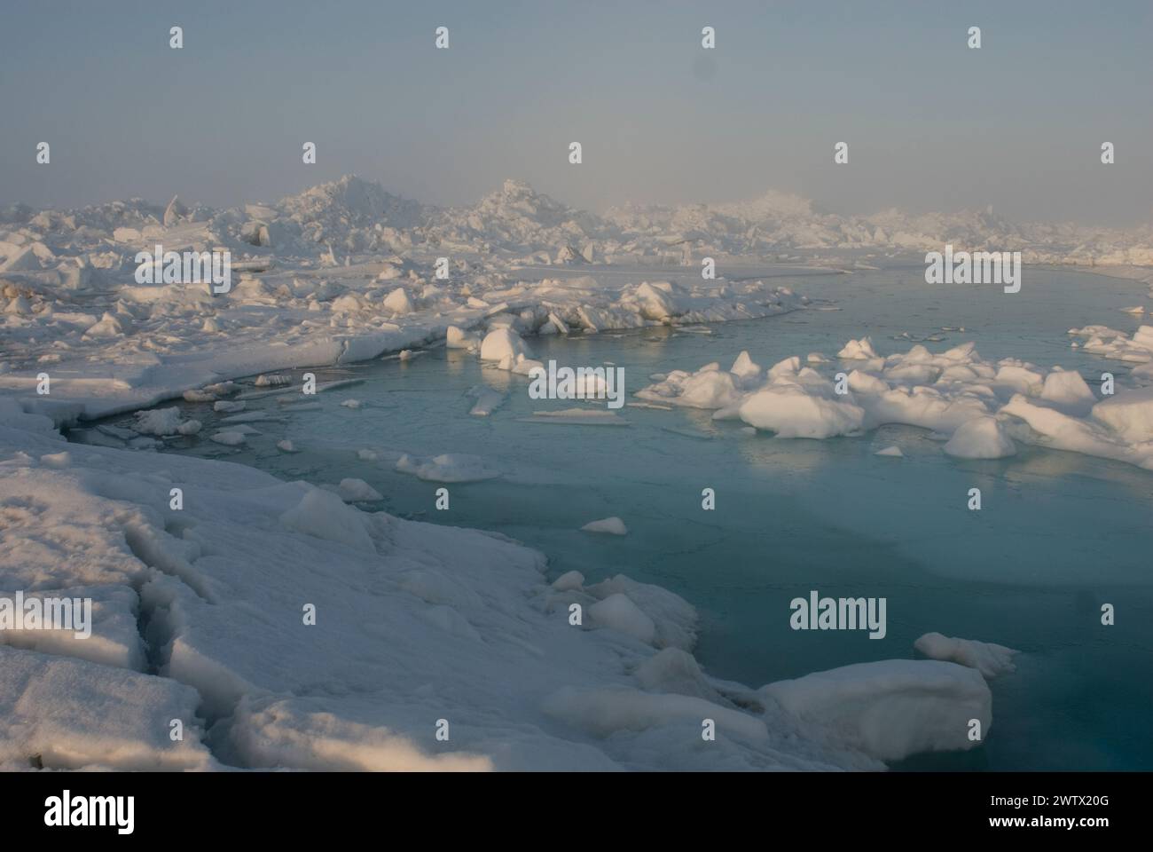 Seascape open lead rough pack ice over the Chukchi sea in springtime ...