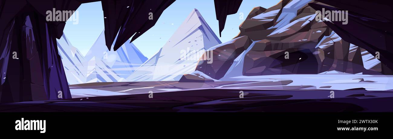 View from cave at snowy mountains. Vector cartoon illustration of rocky ...