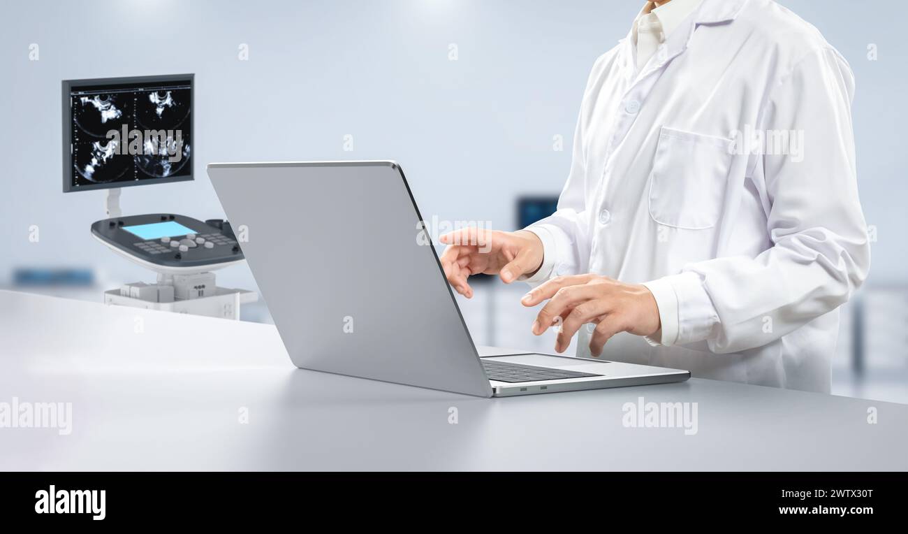 Sonographer or doctor in laboratory with ultrasound machine Stock Photo ...