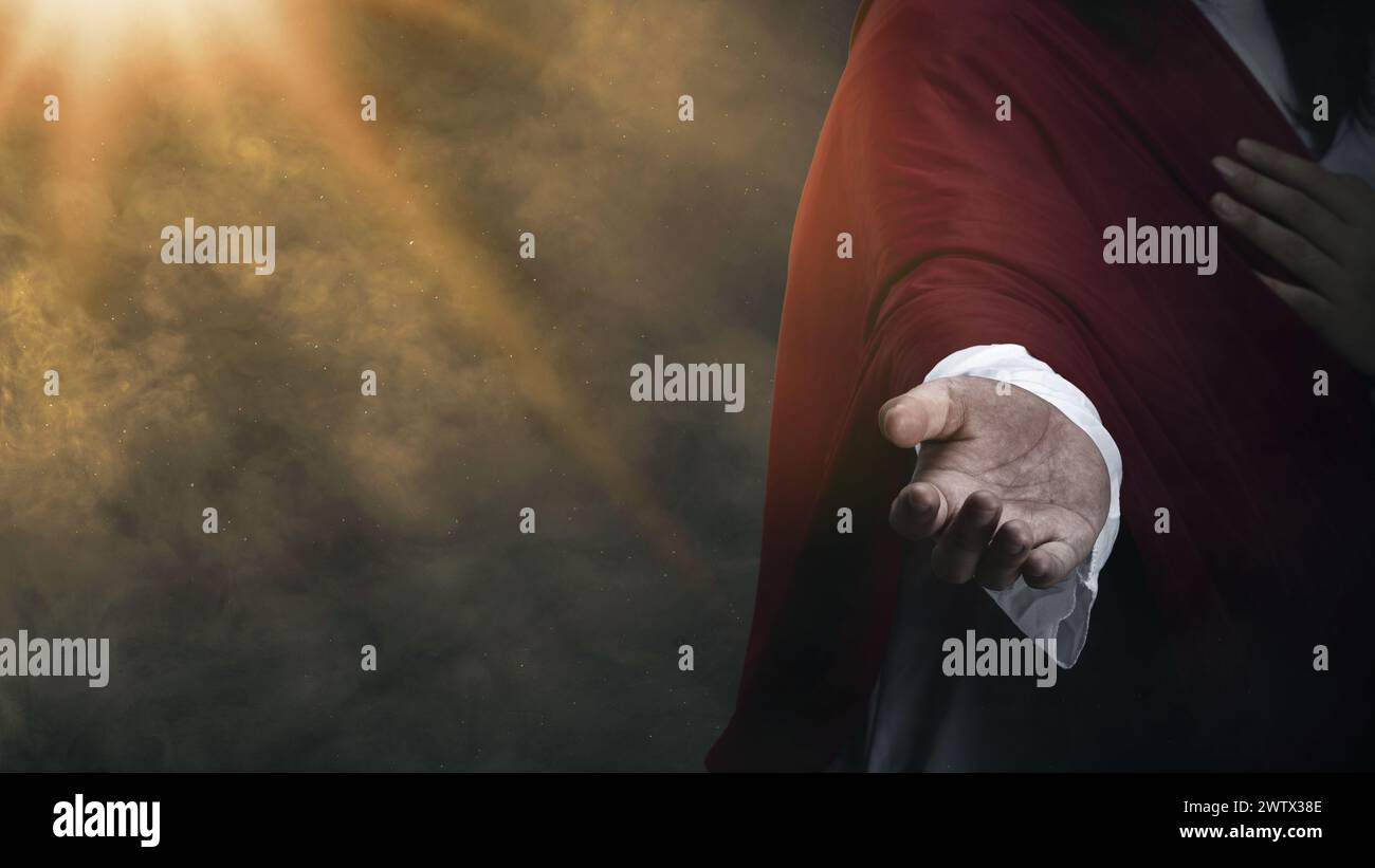 Jesus Christ's giving a helping hand with a bright light background ...